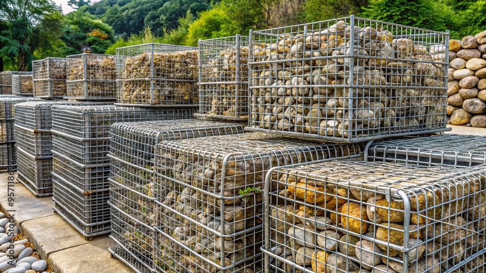 Rock-filled wire baskets used for erosion control and landscaping ...