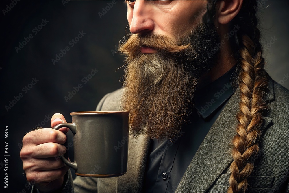 Silky strands of beard flow down a chiseled jawline, framing a rugged ...