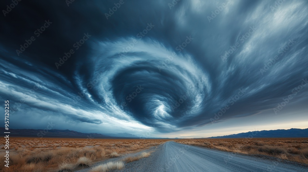 A massive, spiraling storm cloud engulfs the horizon of a desert ...