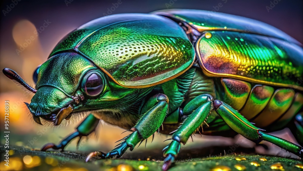 Vibrant green scarab beetle's intricate details and textured ...