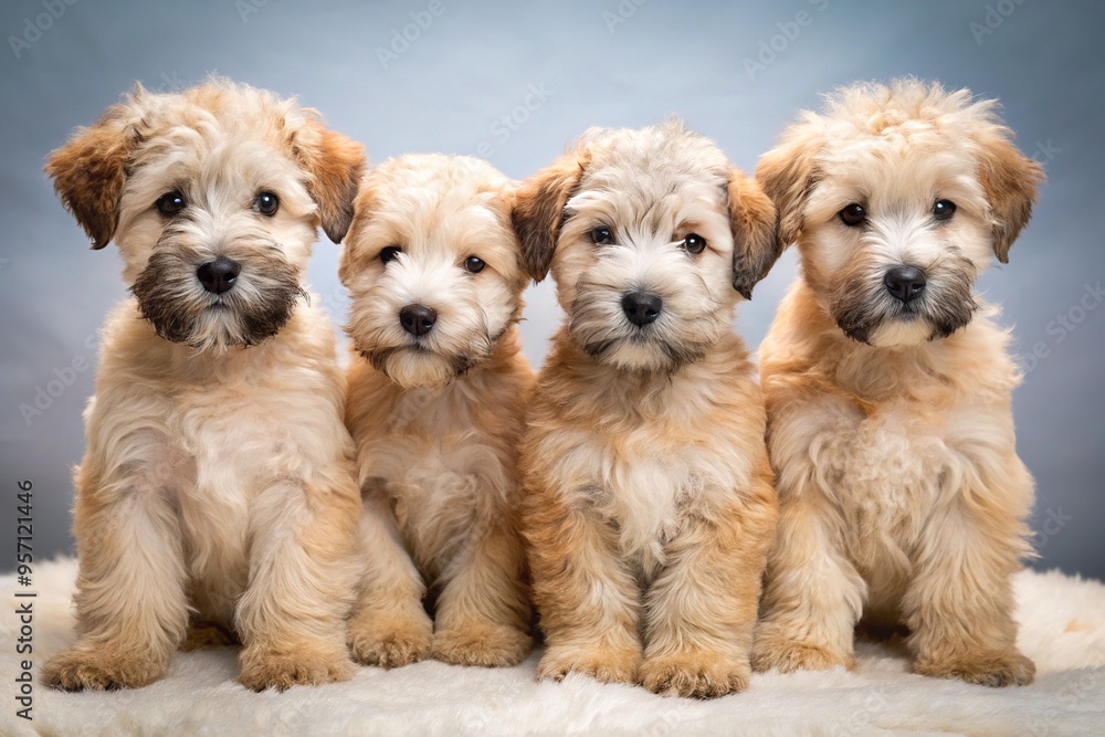 Soft coated wheaten terrier puppies beam with big eyes and wag their ...