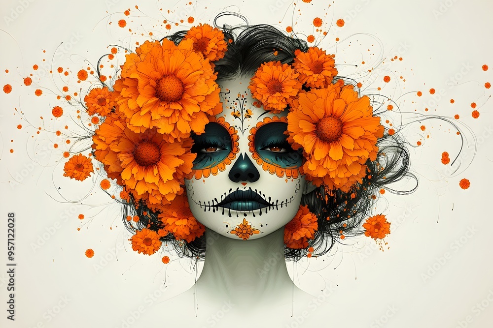 Hermosa mujer con maquillaje de Catrina con flores naranja o flores de ...