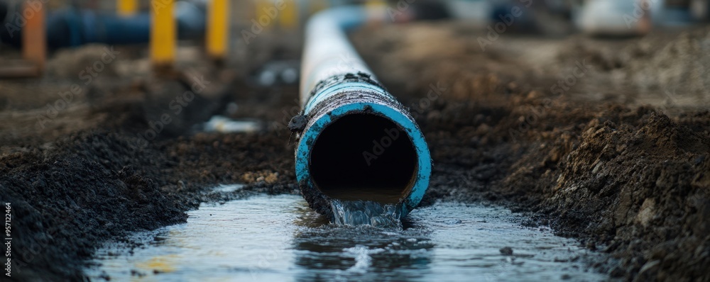 pipe in the ground with water flowing out, along with ongoing ...