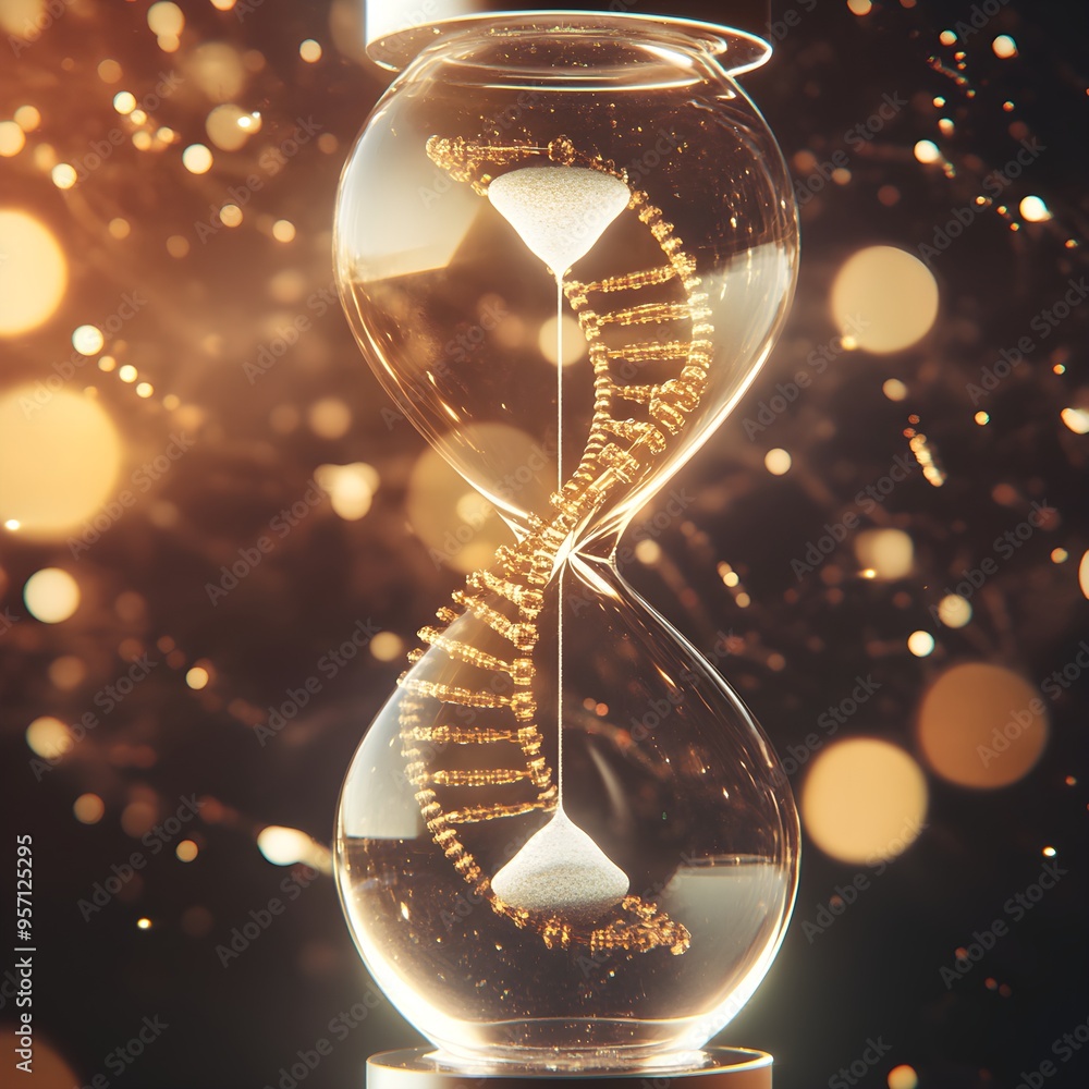 An hourglass intertwined with a DNA helix against a backdrop of digital ...