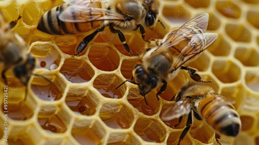 Bees collecting nectar on a honeycomb with rich golden texture and ...