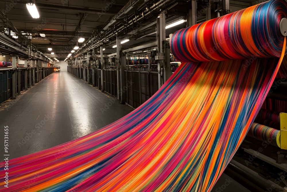 Fabric Flow A massive roll of colorful fabric cascading down a factory ...