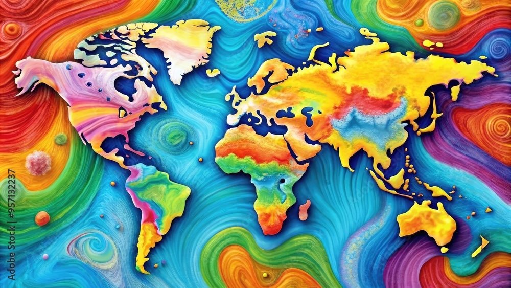 Vibrant world map features bright, swirling colors and bold lines ...