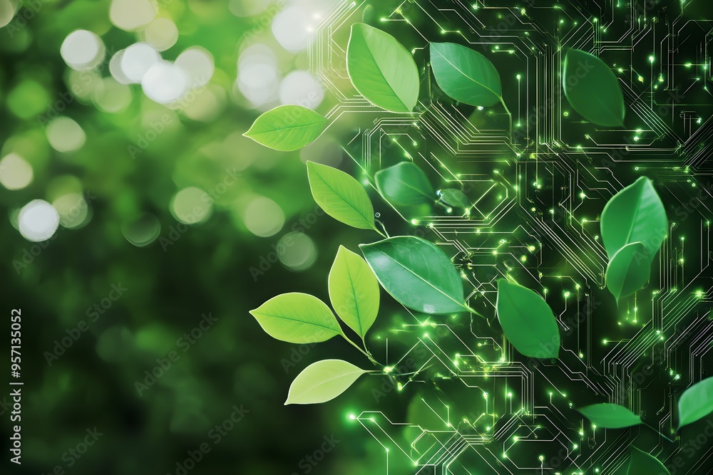 Lush green foliage merging with electronic circuit lines. Digital ...