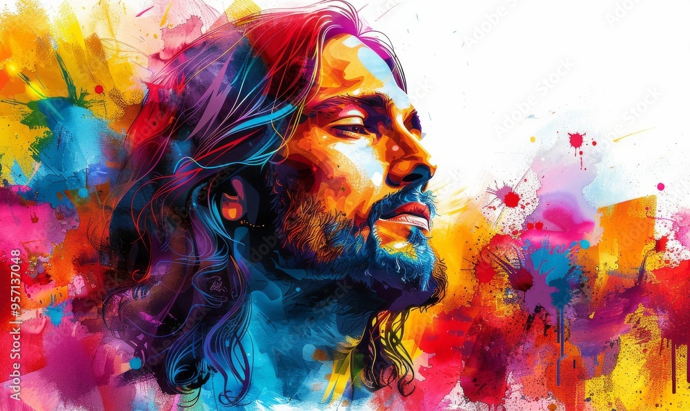 An artistic representation of Jesus Christ combines vibrant watercolor ...