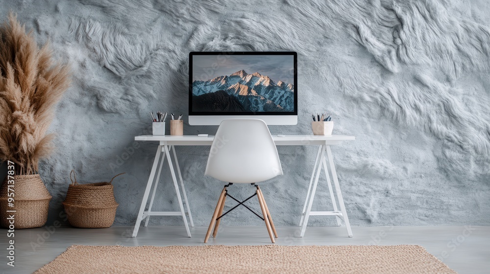 Contemporary desk setup featuring a computer with mountain wallpaper ...