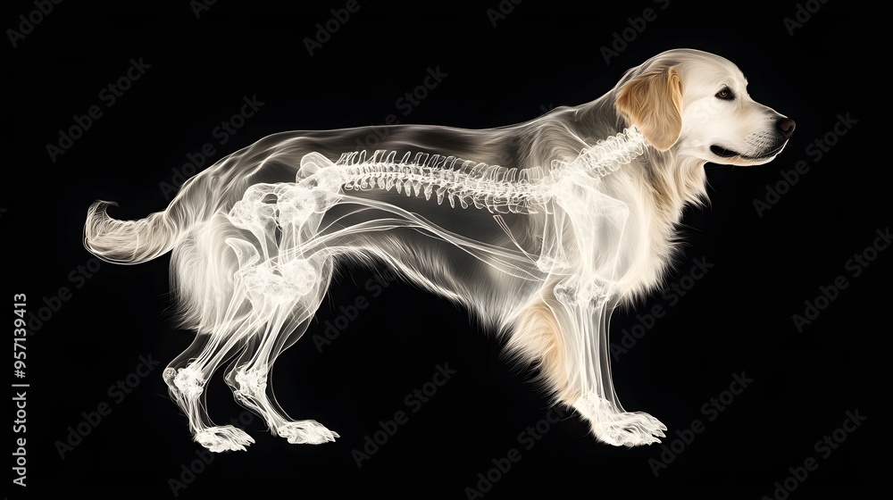 The Golden Retriever's entire body is depicted in an X-ray style ...