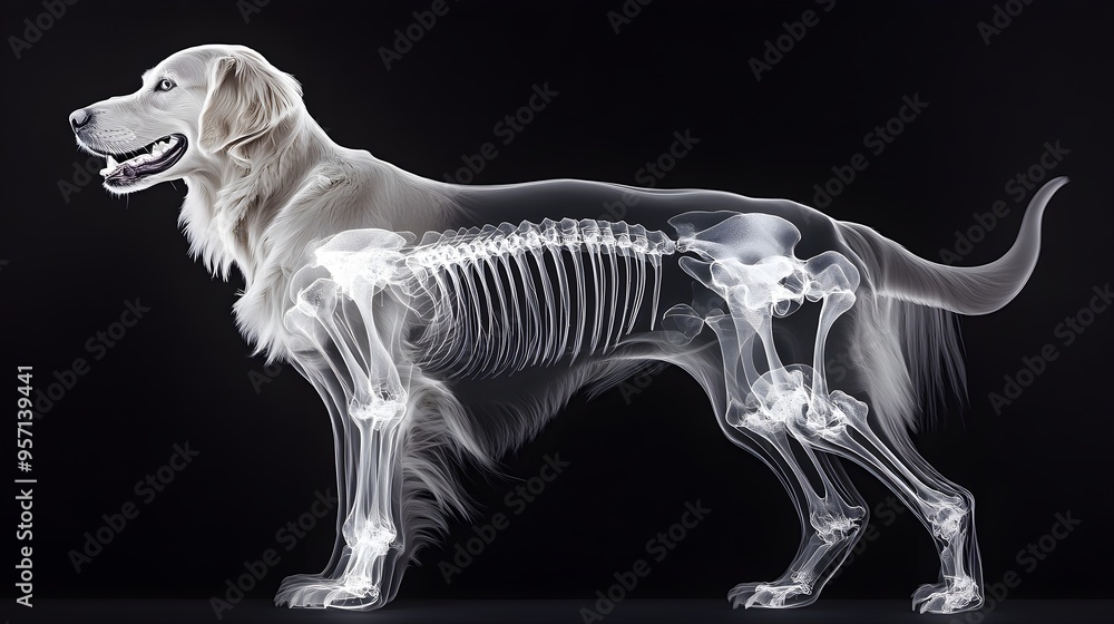 The Golden Retriever's entire body is depicted in an X-ray style ...