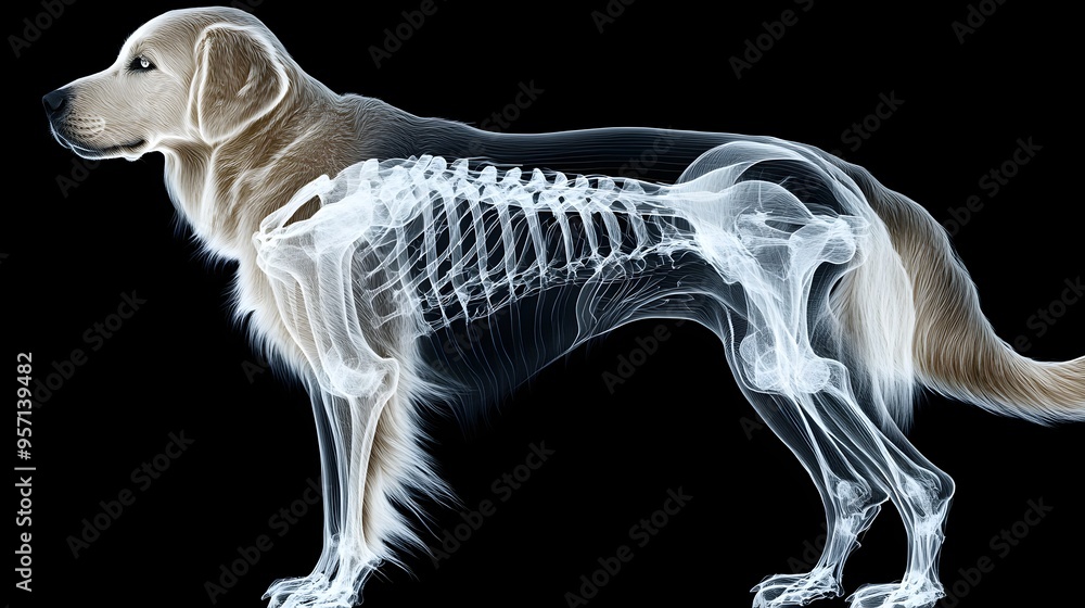 The Golden Retriever's entire body is depicted in an X-ray style, showcasing its internal ...
