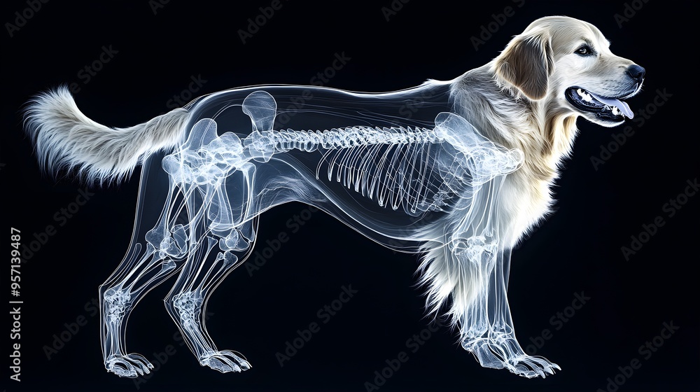 The Golden Retriever's entire body is depicted in an X-ray style ...
