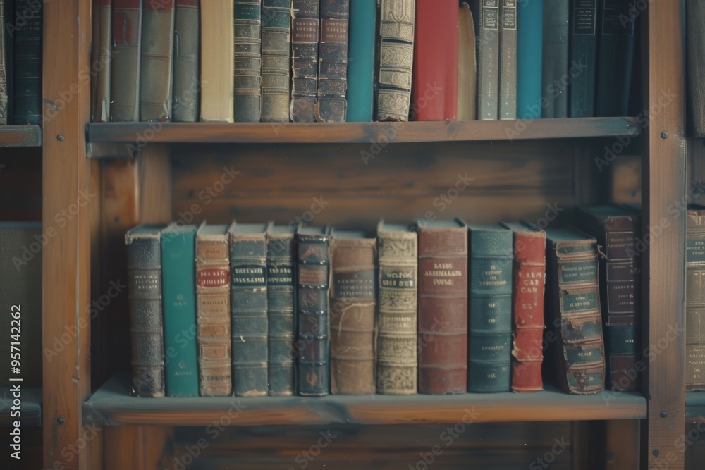 A bookshelf filled with aged books of various colors and sizes exudes a ...