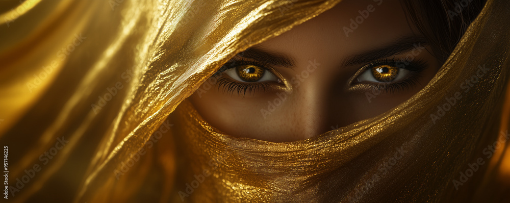 Enchanting mysterious woman veiled, showing only her captivating eyes ...