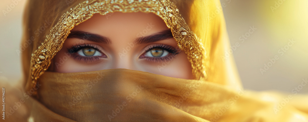 Beautiful mysterious woman with her face hidden by a veil, revealing ...