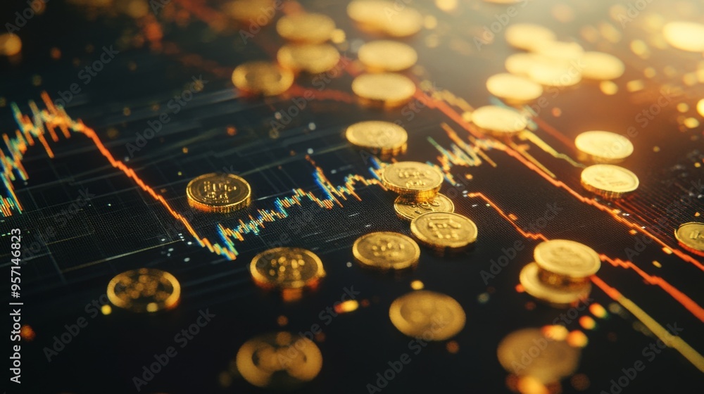 A close-up of a digital chart showing gold prices, with gold coins ...