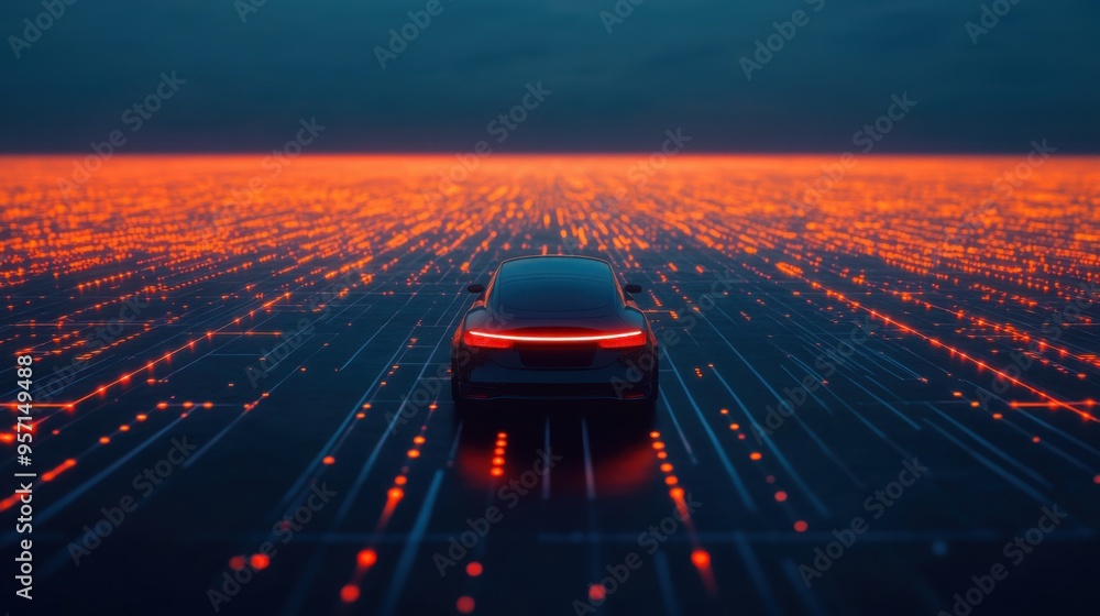 Concept EV car in a vibrant, interconnected world, electric gridlines ...