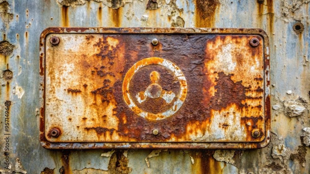 Weathered metal sign with rusty patina and deep scratches reveals a ...
