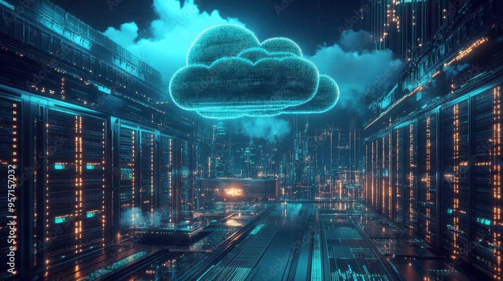 A massive digital cloud hovers above a modern city, with streams of ...