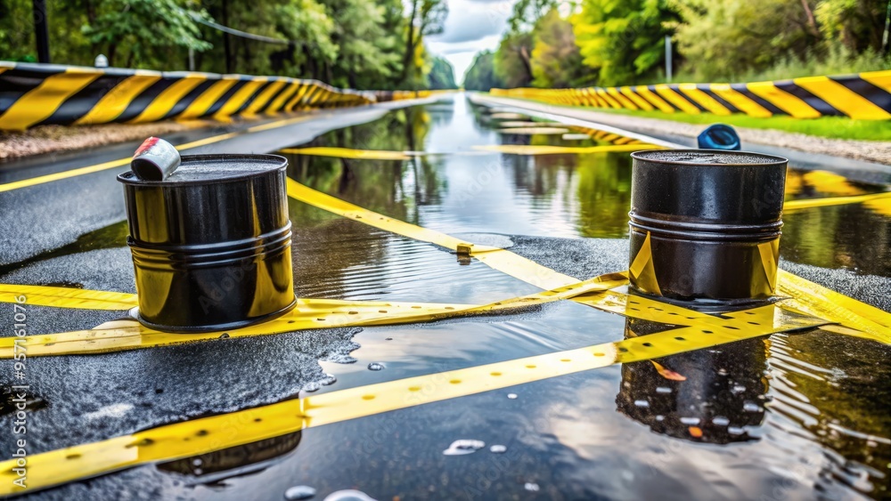 Yellow caution tape surrounds a large oil spill on a wet asphalt road ...