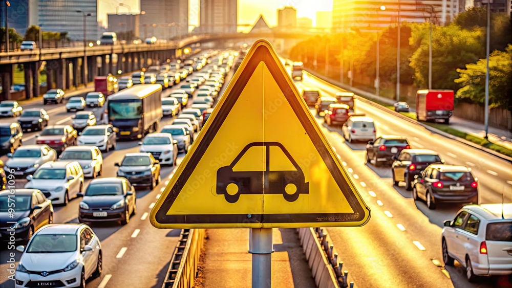 Yellow caution triangle warning sign stands upright on a congested ...