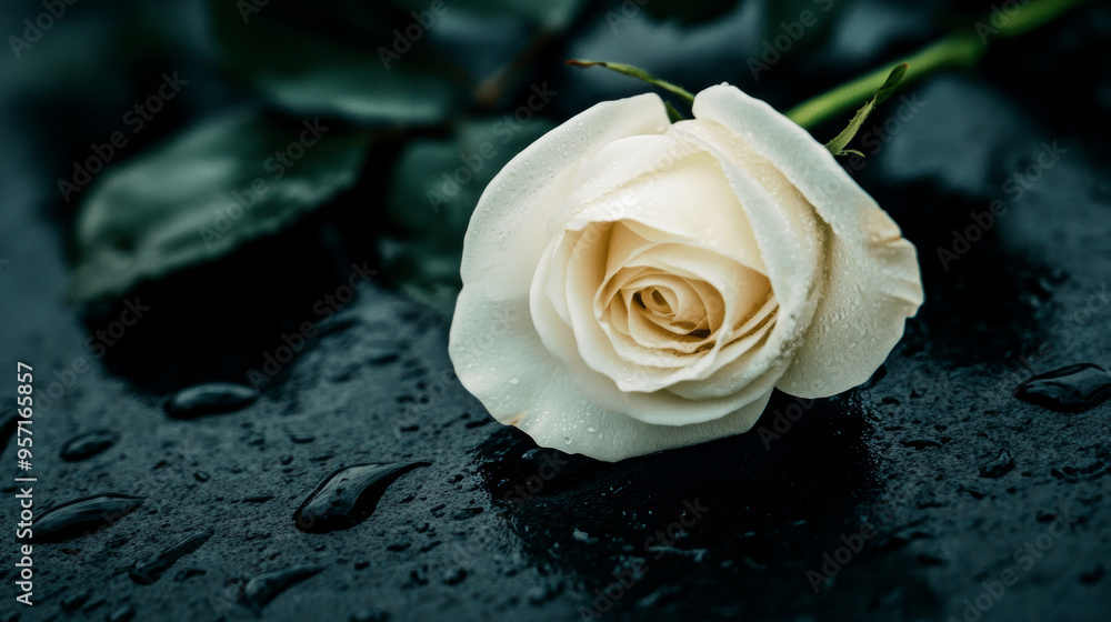 Elegant White Rose on Black Surface: Symbol of Loss and Remembrance ...