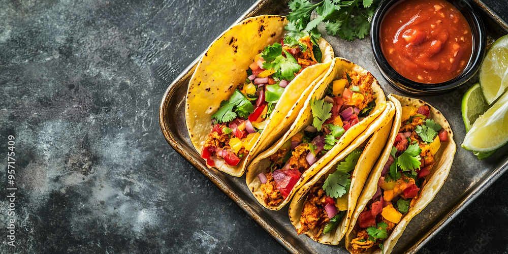 Fusion tacos with an eclectic mix of flavors on a metal tray with ...
