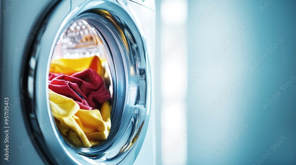 Front-loading washing machine with transparent porthole door showcasing ...