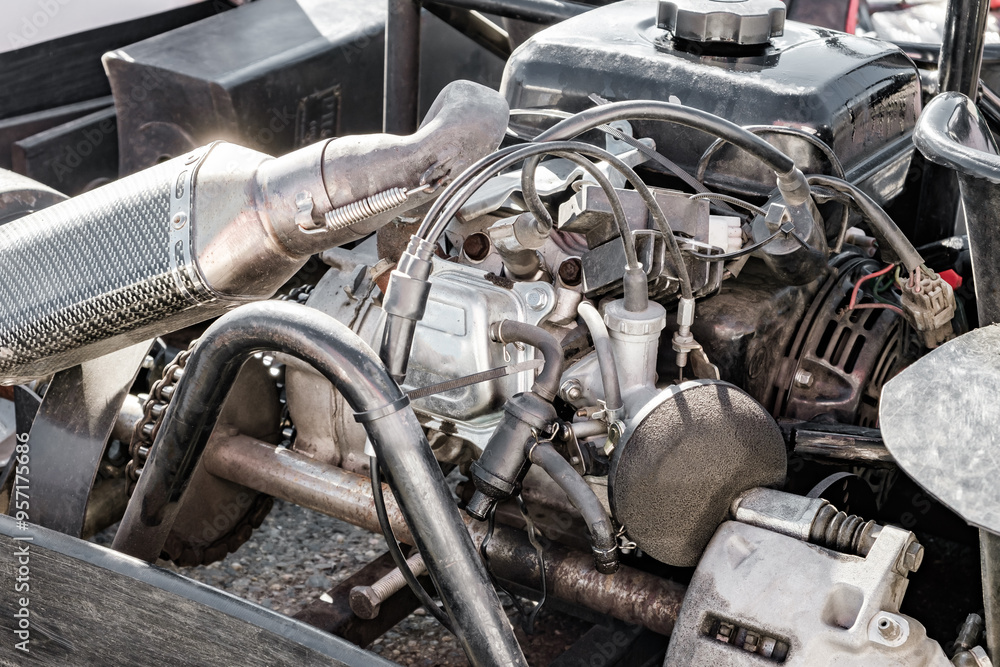 automobile engine block close-up, two-stroke engine and exhaust system ...