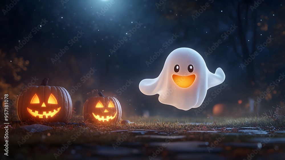 Happy ghost with a cute face, floating above a graveyard with smiling ...