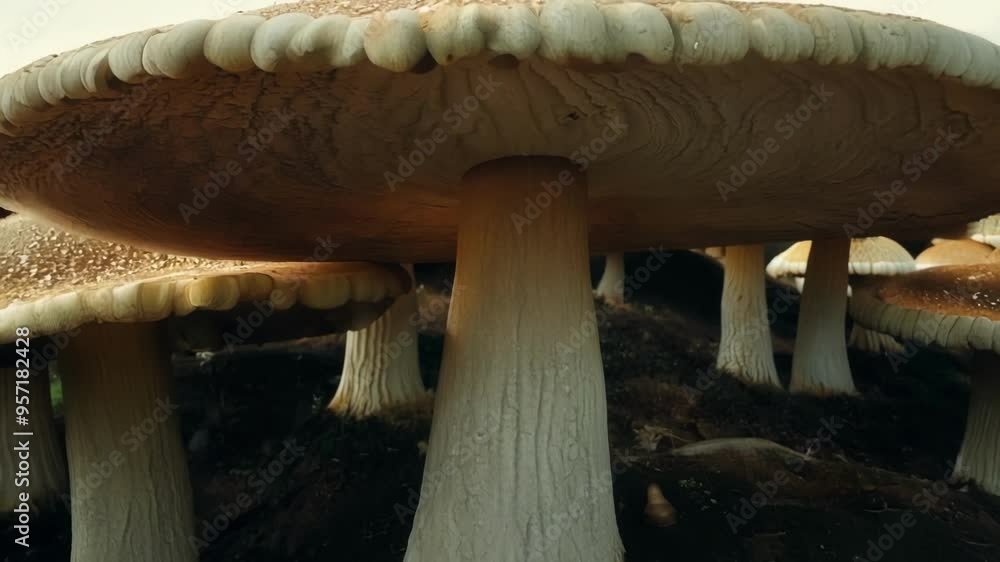 Enormous mushrooms grow in a mystical forest, creating a fairy tale ...
