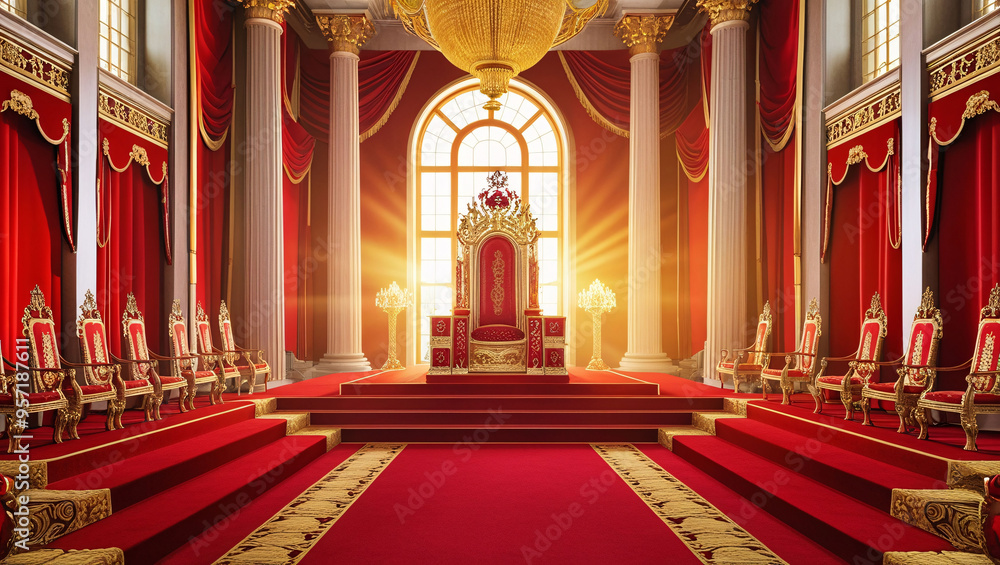 Throne of golden throne sat on pedestal with golden crown in the hall ...