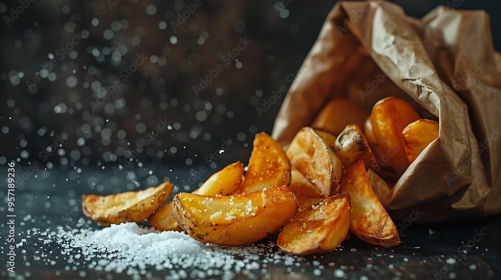 Shafts of fried potatoes poured out of an old paper bag salt sprinkled ...