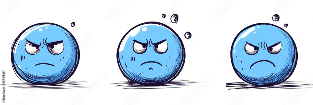 Blue sad emoticons illustrated in doodle style on a white background ...