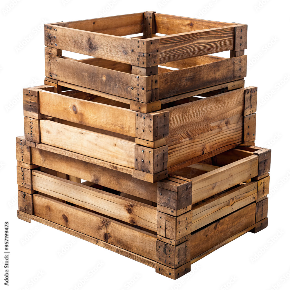 Three empty wooden crates, stacked in a pyramid shape, are isolated on ...