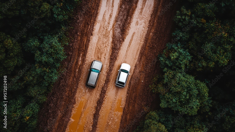 An image depicting two vehicles driving through a muddy forest trail ...