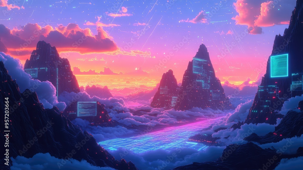 Mountains with neon circuitry and glowing screens, set under a high ...