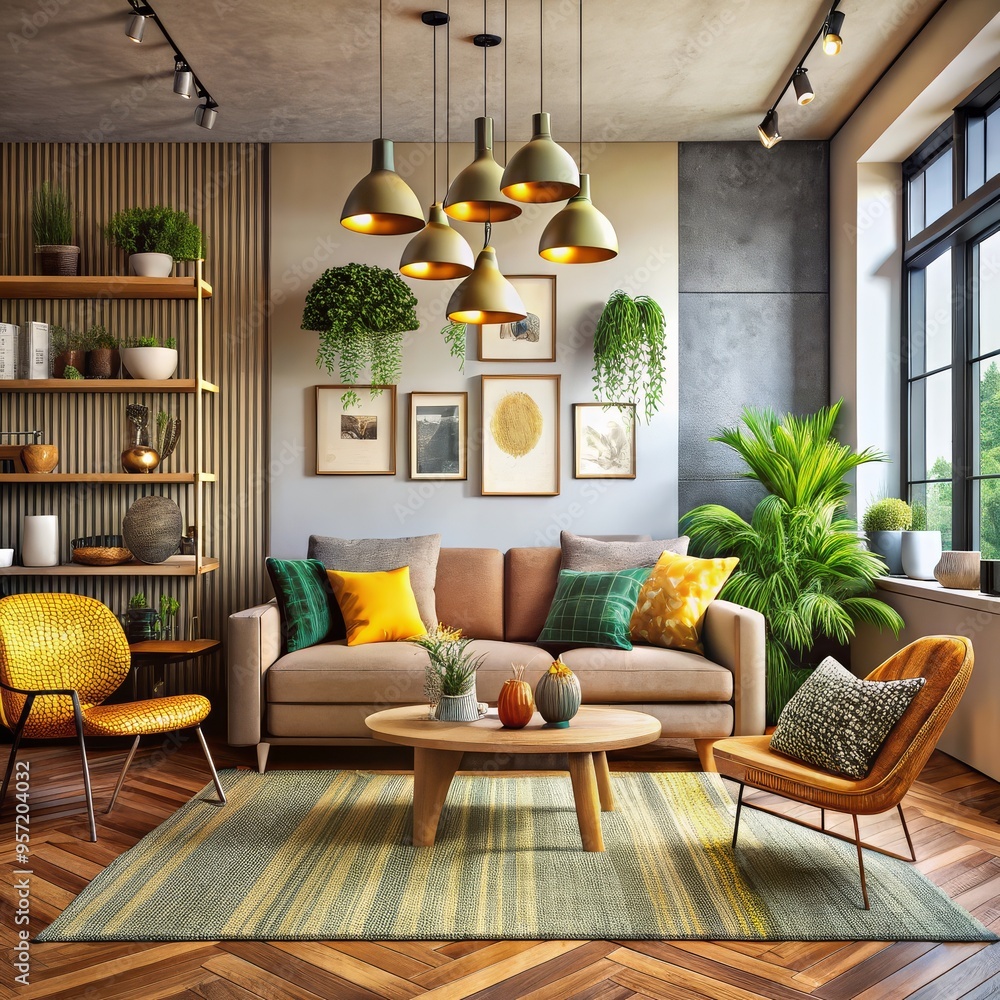 Foto de Living Room Interior Design with Yellow Accent Chair and Sofa ...