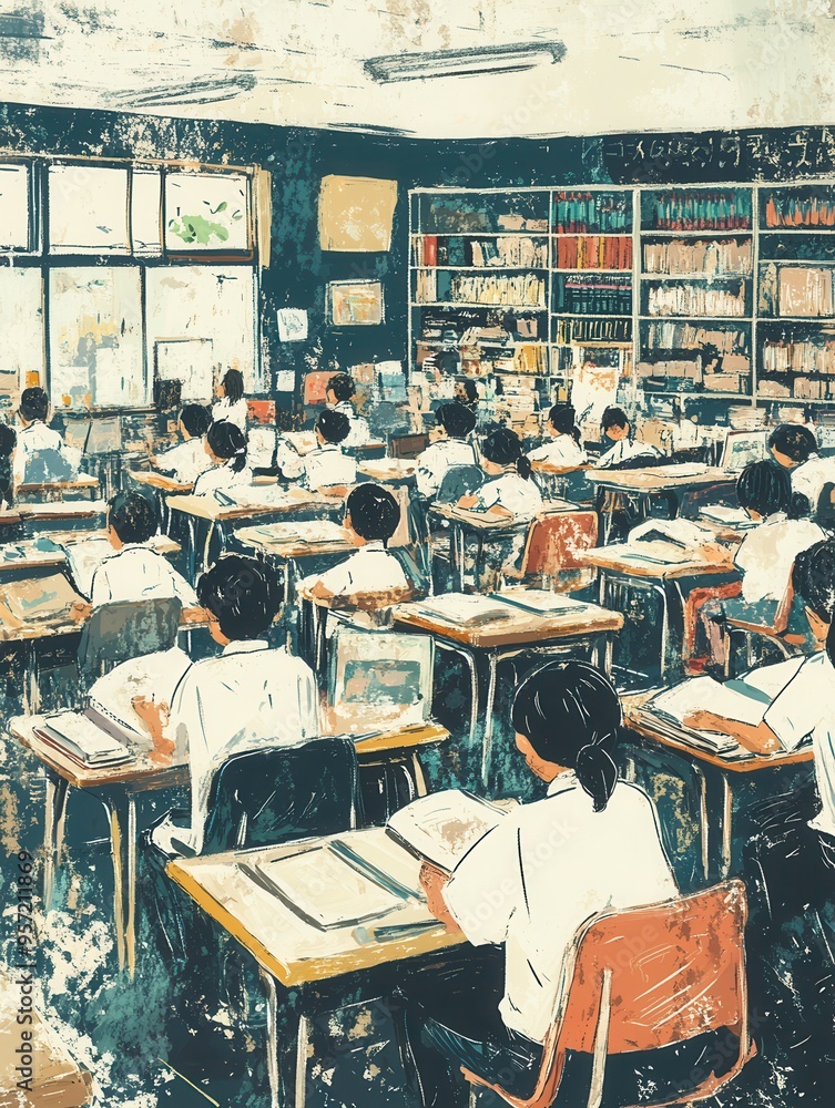 Students are engaged in studying in a crowded classroom filled with ...