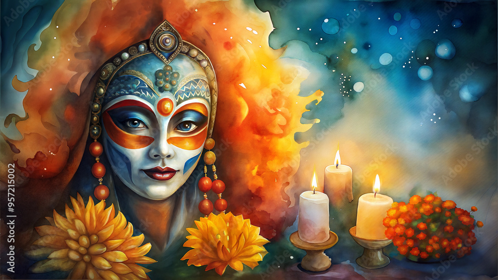 Watercolor Masked Figure Background, Traditional Masked Figure with ...