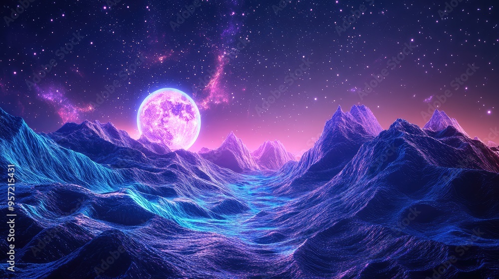 Mountains with neon computer features, under a starry sky with a bright ...