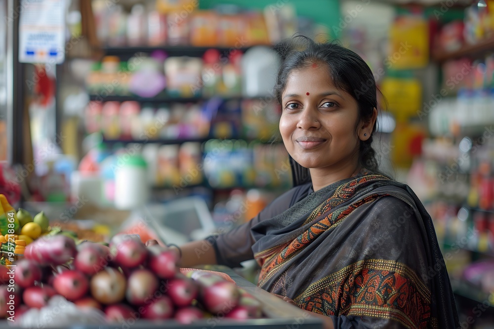 Indian female grocery shop owner beaming at the camera from her cash ...