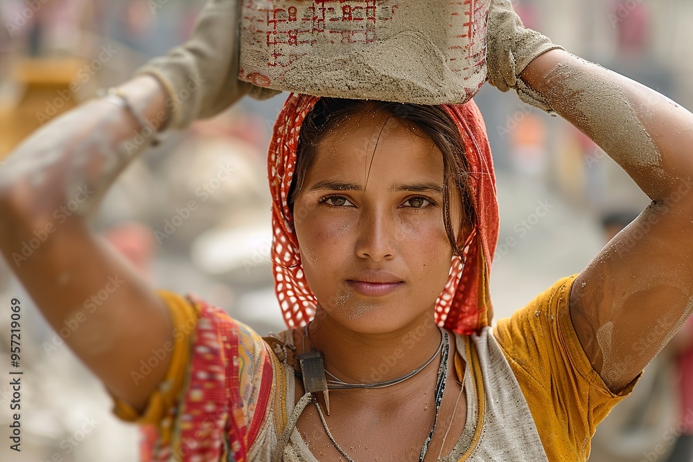 Indian female laborer handling sand on her head while working at a ...