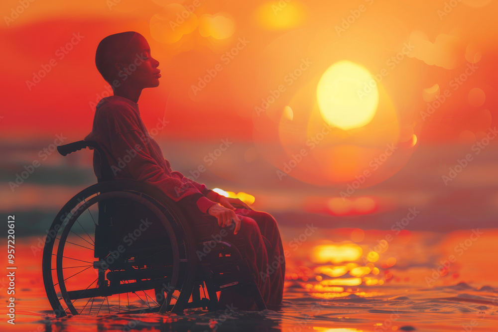 Disabled woman in wheelchair enjoys serene sunset on beach capturing ...