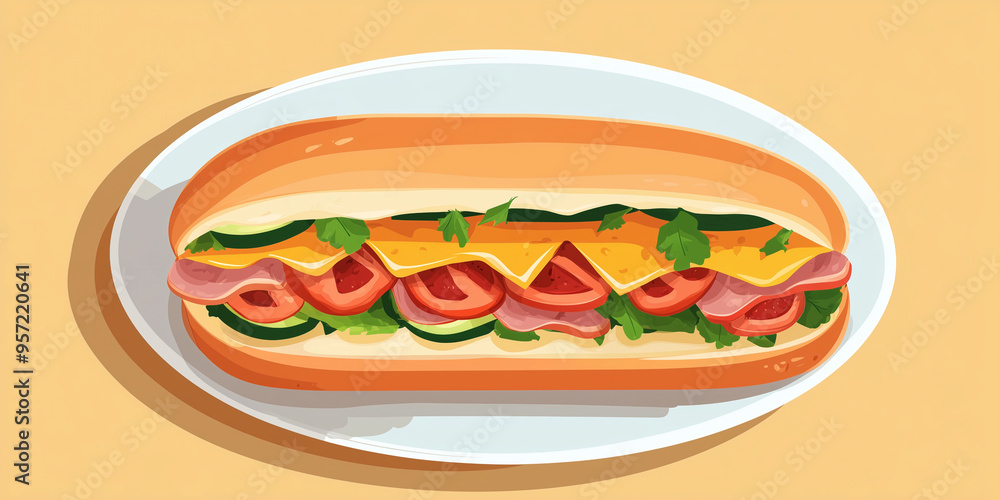 Sub sandwich on a plate, filled with layers of meat, cheese, and ...