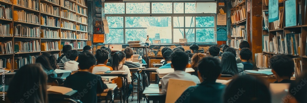 Students fill an overcrowded classroom, using outdated educational ...