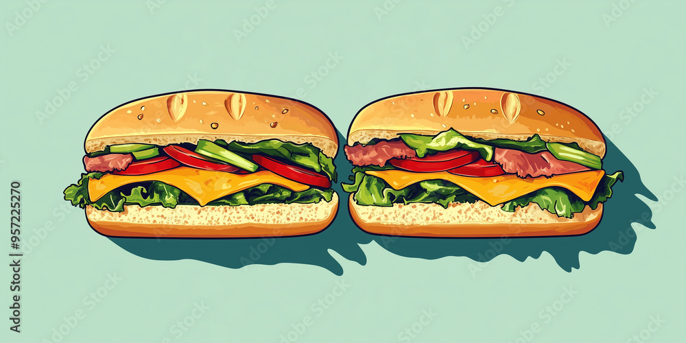 Sub sandwich cut in half, revealing even layers of meat, cheese, and ...