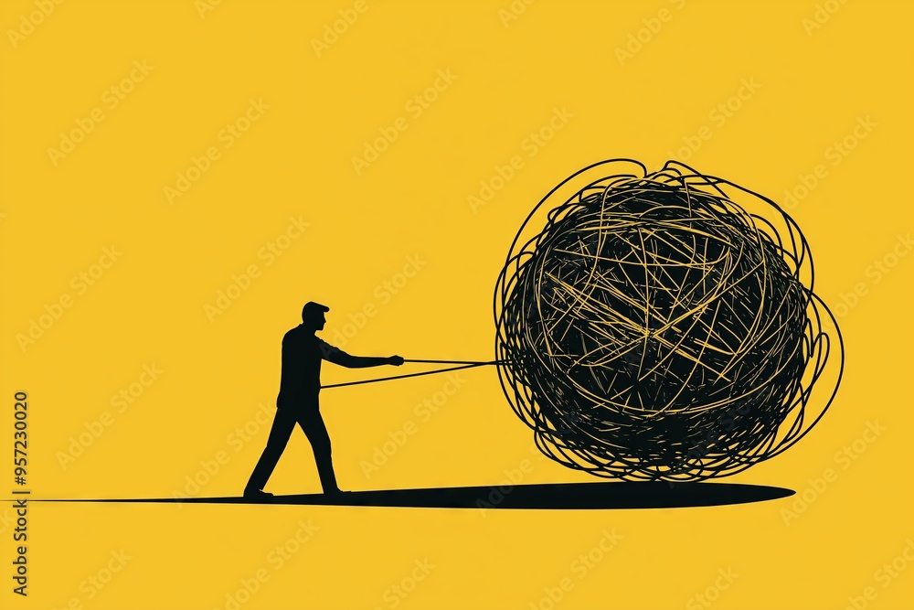 Person pulling a heavy, tangled ball, symbolizing the complexity of ...
